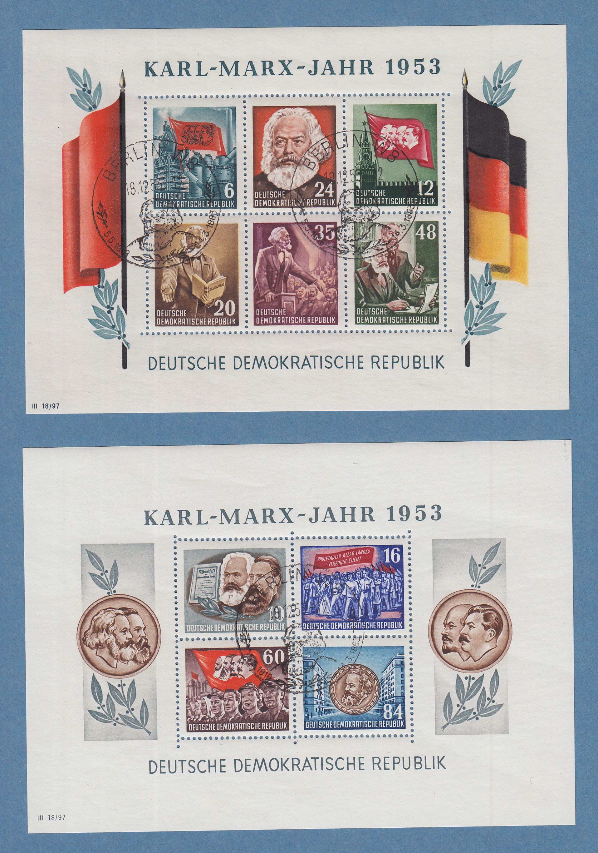 DDR 1953 Karl Marx-Blocks gezähnt Mi.-Nr. Block 8A und 9A mit Sonder-O ...