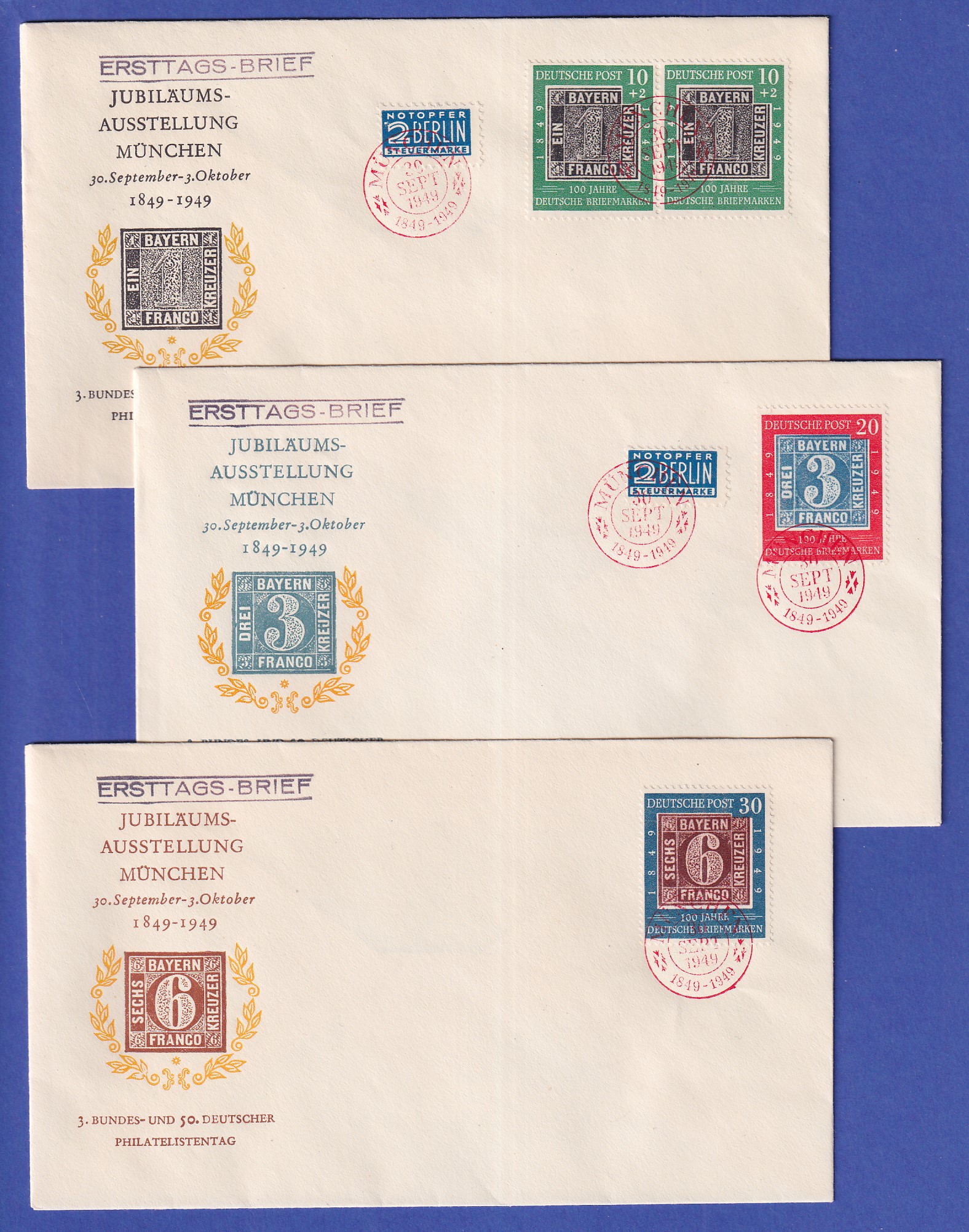 Bund 1949 100 Jahre Briefmarken Mi.-Nr. 113-115 auf 3 Schmuck-FDC's ET ...
