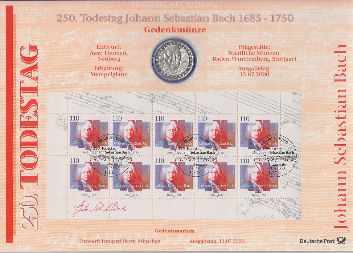 Bundesrepublik Numisblatt 3/2000 Johann Sebastian Bach mit 10-DM ...