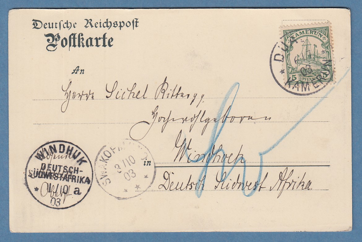 Dt. Kolonien Kamerun AK Dorf Bombe 1903 gel. nach Windhuk DSWA , Fa ...
