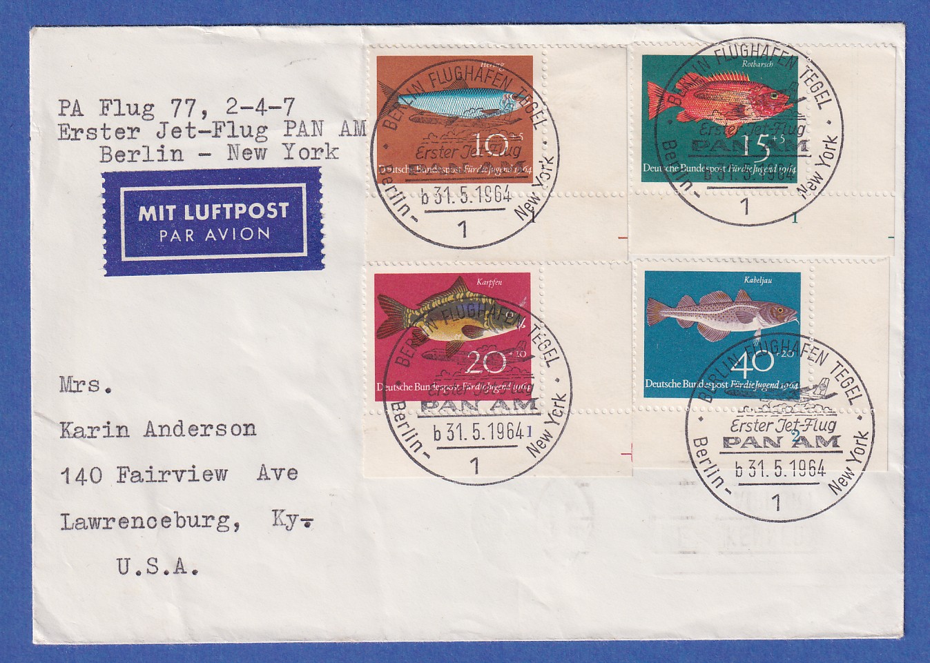 Bund 1964 Jugend Fische Mi.-Nr. 412-15 Eckrand-Satz mit FN auf Lp-Brief -> USA · Tilman Dohren ...