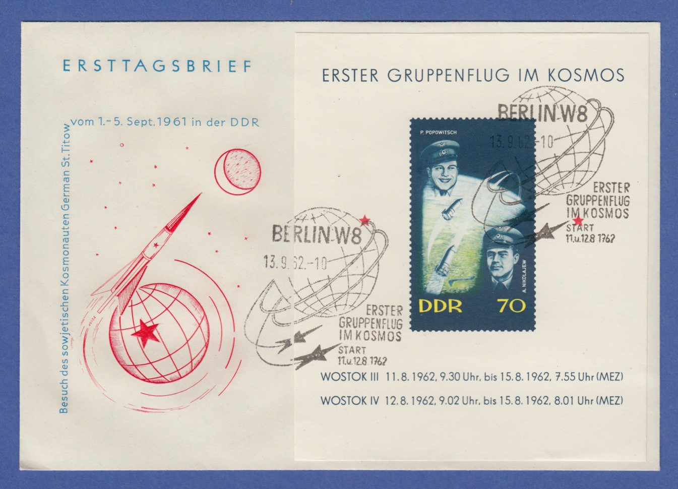 DDR 1962 Erster Gruppenflug im Kosmos Wostok 3 und 4 Mi.-Nr. Block 17 ...