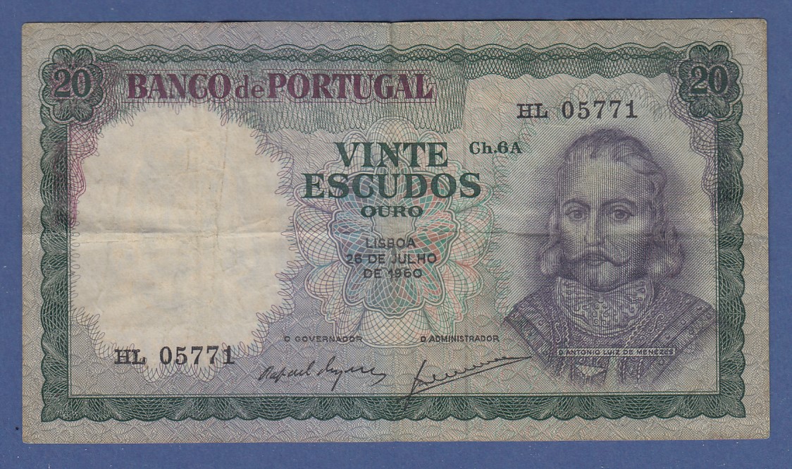 Banknote Portugal 20 Escudos 1960 · Tilman Dohren Philatelie