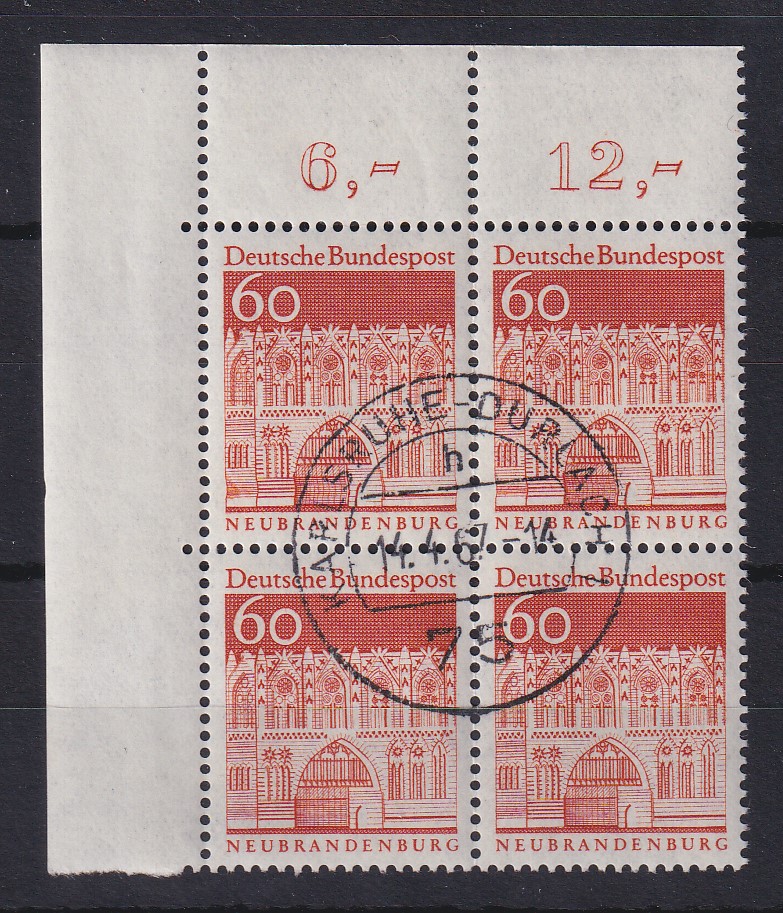 Bund 1967 gr. Bauwerke 60 Pfg Eckrand-Viererblock OL gest. KARLSRUHE ...