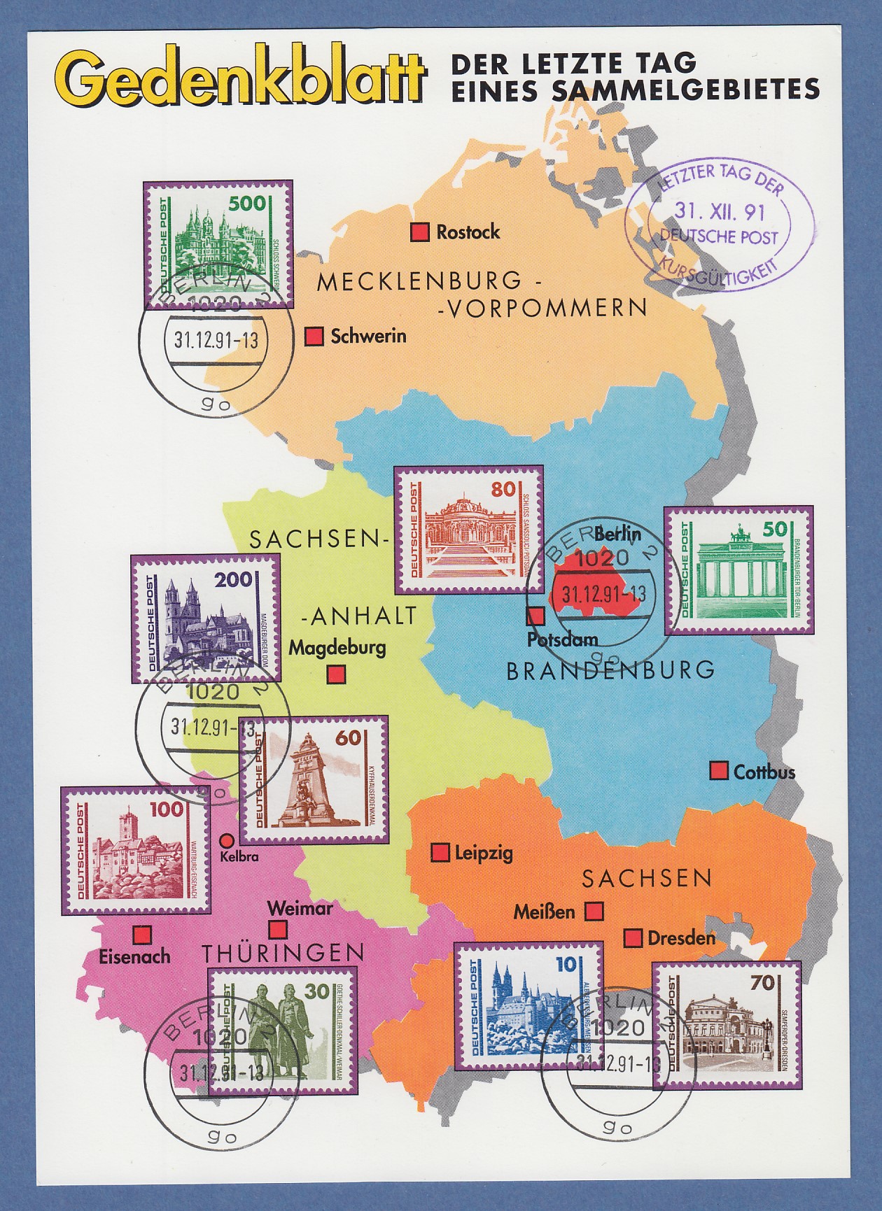 Gedenkblatt letzter Gültigkeits-Tag der DDR-Marken mit Satz Mi.-Nr ...