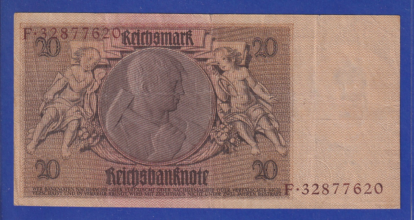 Banknote Deutsches Reich 20 Reichsmark Kontroll-Nr. 8-stellig B Serie F ...