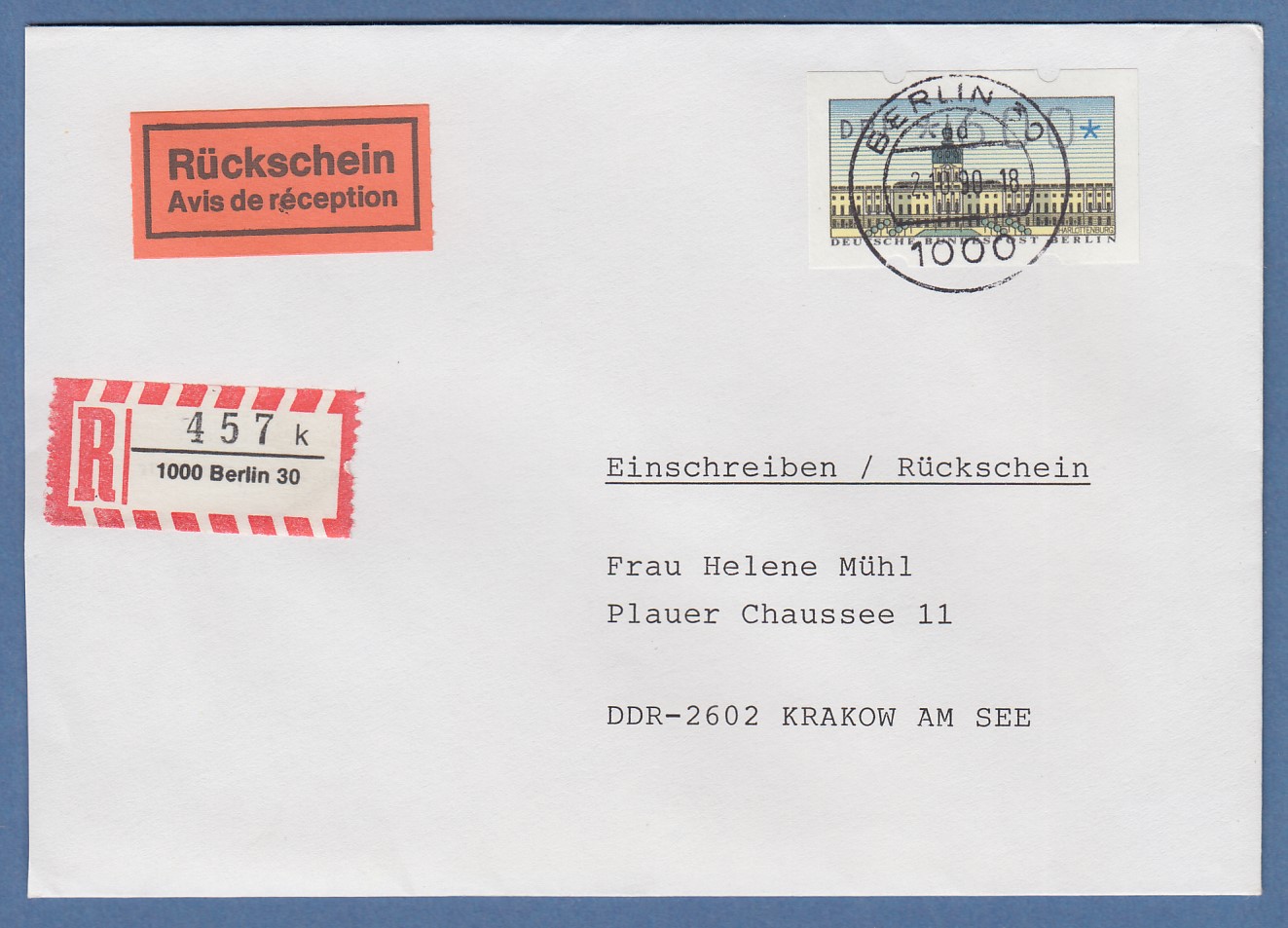 ATM Berlin Wert 600 auf R-Rsch-Brief in die DDR mit O BERLIN 30 vom 2. ...