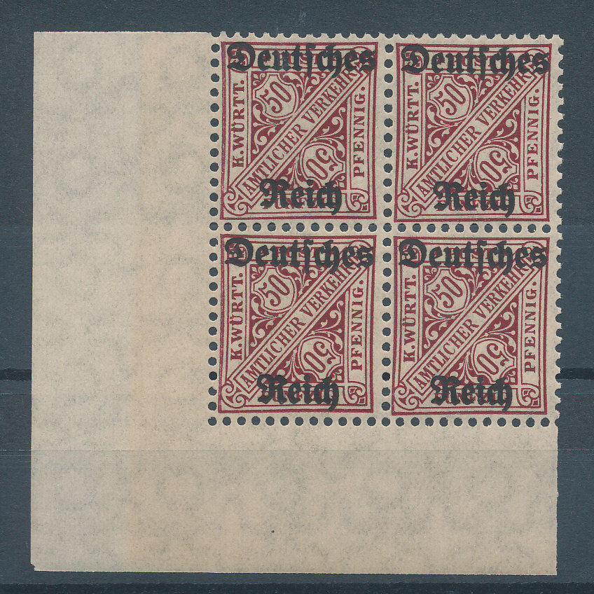 Deutsches Reich Dienstmarke Mi.-Nr. 63 Eckrand-Viererblock unten links ** · Tilman Dohren Philatelie