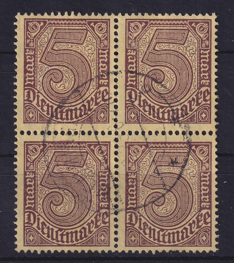 Dt. Reich Dienstmarke 5 Mark Mi.-Nr. 33a Viererblock O, gepr. INFLA · Tilman Dohren Philatelie
