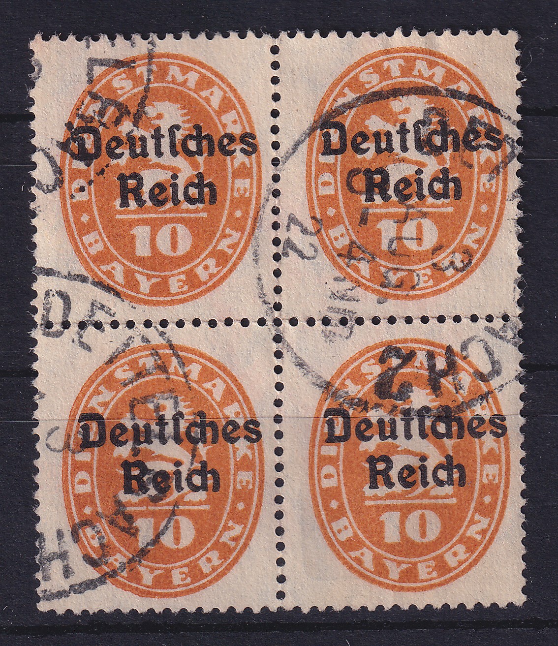Bayern-Dienstmarke Deutsches Reich 10Pfg Mi.-Nr. 35 Viererblock O, gepr. INFLA · Tilman Dohren ...
