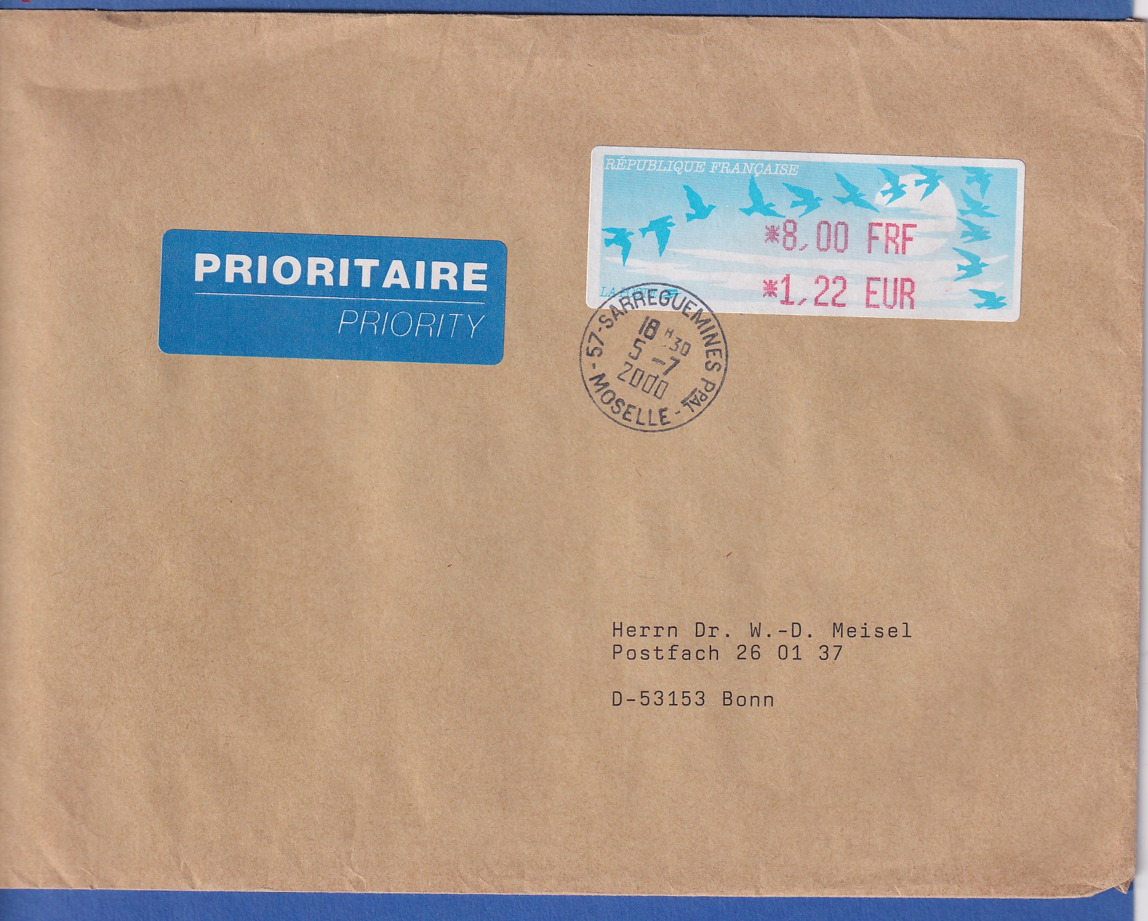 Frankreich ATM Vogelzug LISA Wert 8,00 FRF / 1,22 EUR auf großem Brief ...